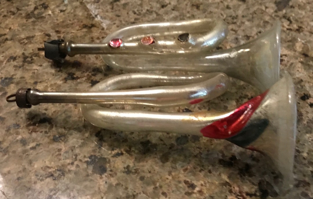 Antique German Mercury Glass Ornaments - Horned Instruments - Set of 2 ...