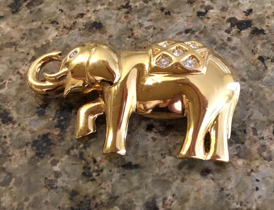 Vintage Monet Baby Elephant Brooch - Gold Tone With Crystals - 1980’s ...
