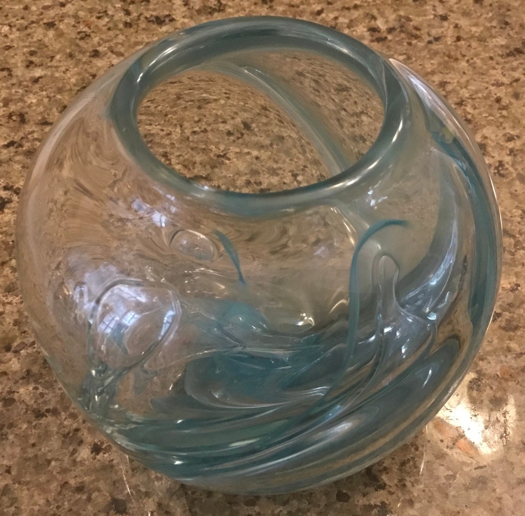 American Art Glass Brian Lonsway Signed Original Turquoise Rose Bowl ...