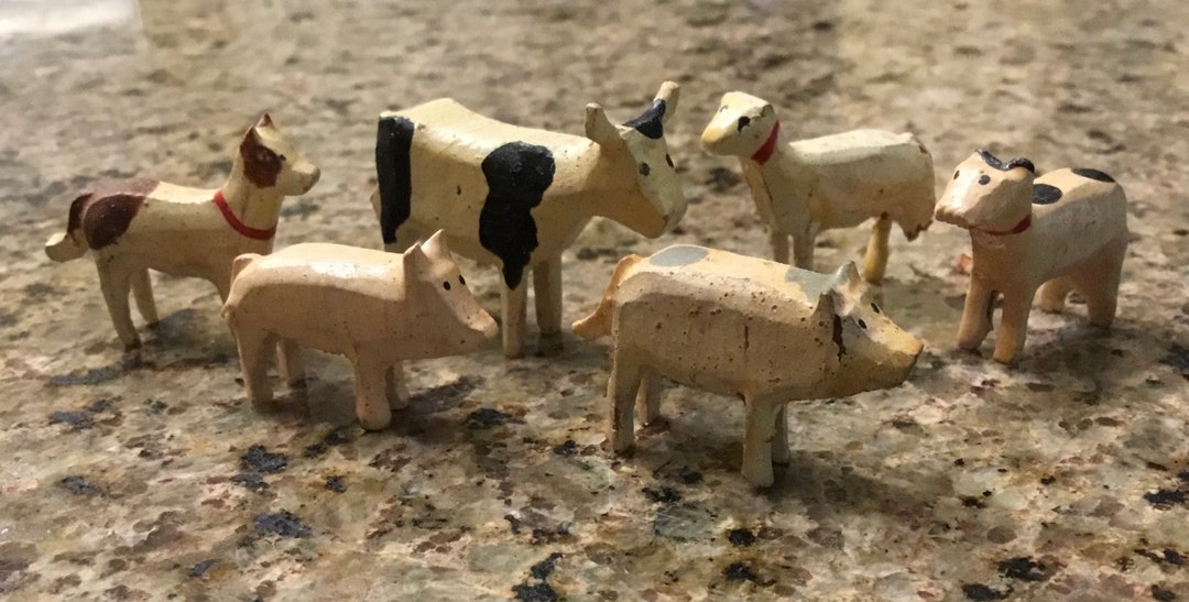 Antique German Erzgebirge Farm Animals Figurines 6 Wooden Putz Animals ...