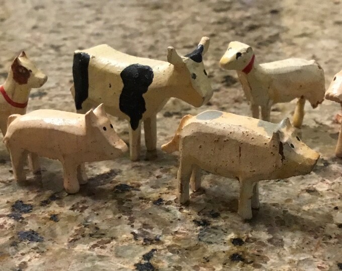 Antique German Erzgebirge Farm Animals Figurines - 6 Wooden Putz ...