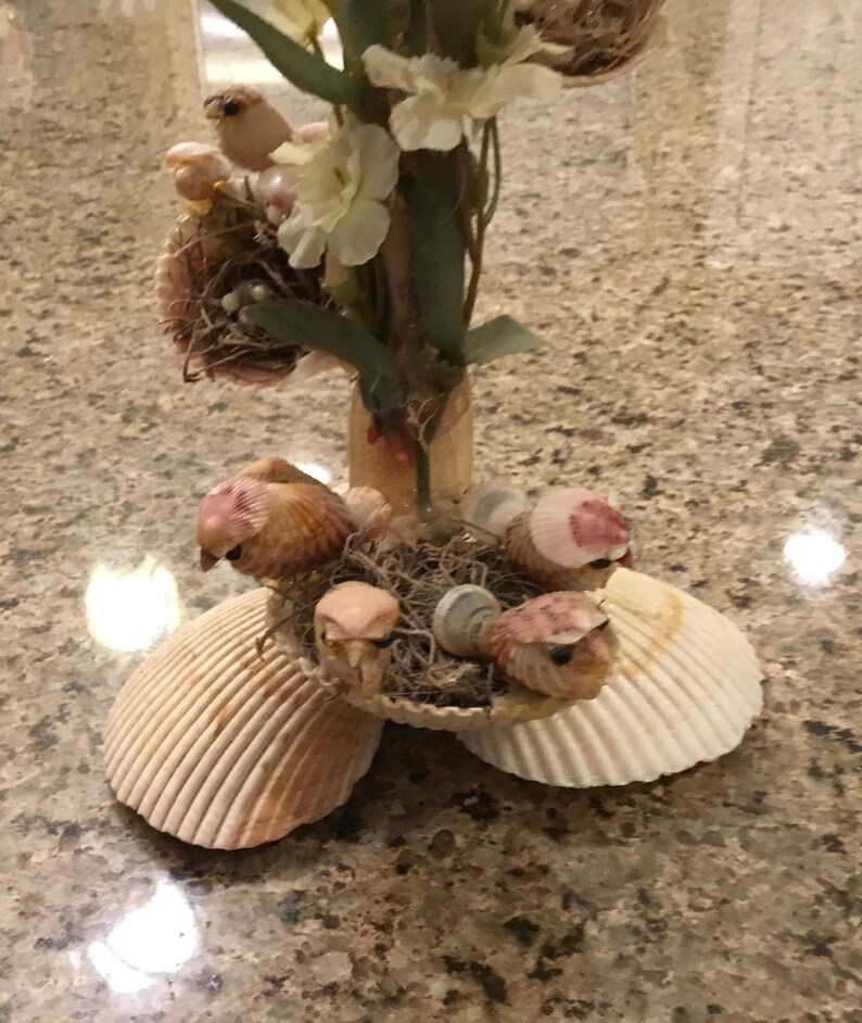 Vintage Folk Art Sea Shell Figurine - Birds Nesting in a Tree ...