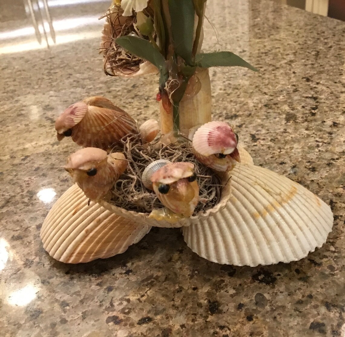 Vintage Folk Art Sea Shell Figurine - Birds Nesting in a Tree ...