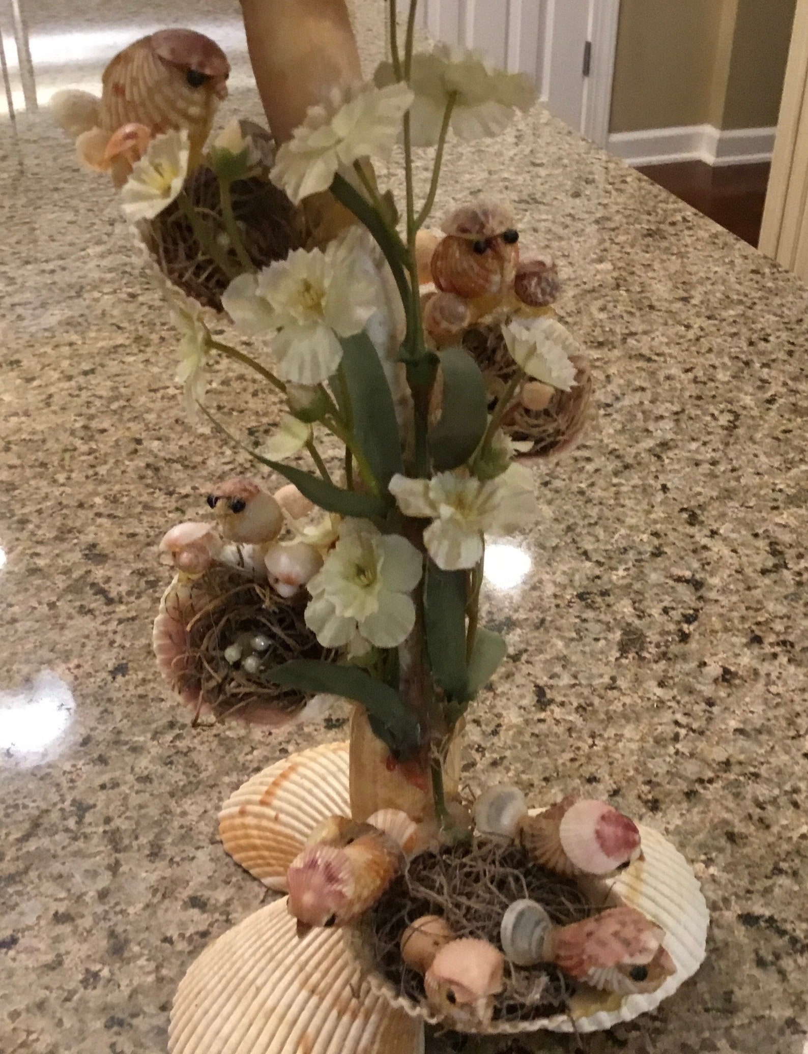 Vintage Folk Art Sea Shell Figurine - Birds Nesting in a Tree ...