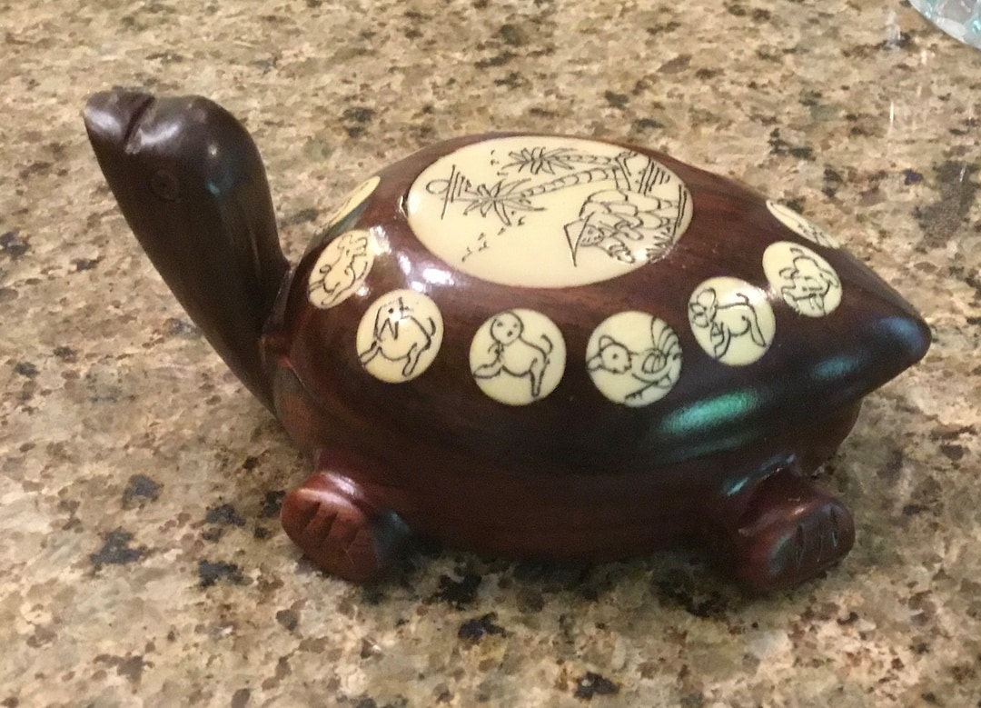Chinese Zodiac Turtle Compass - Hand Made Wooden Turtle Figurine With ...