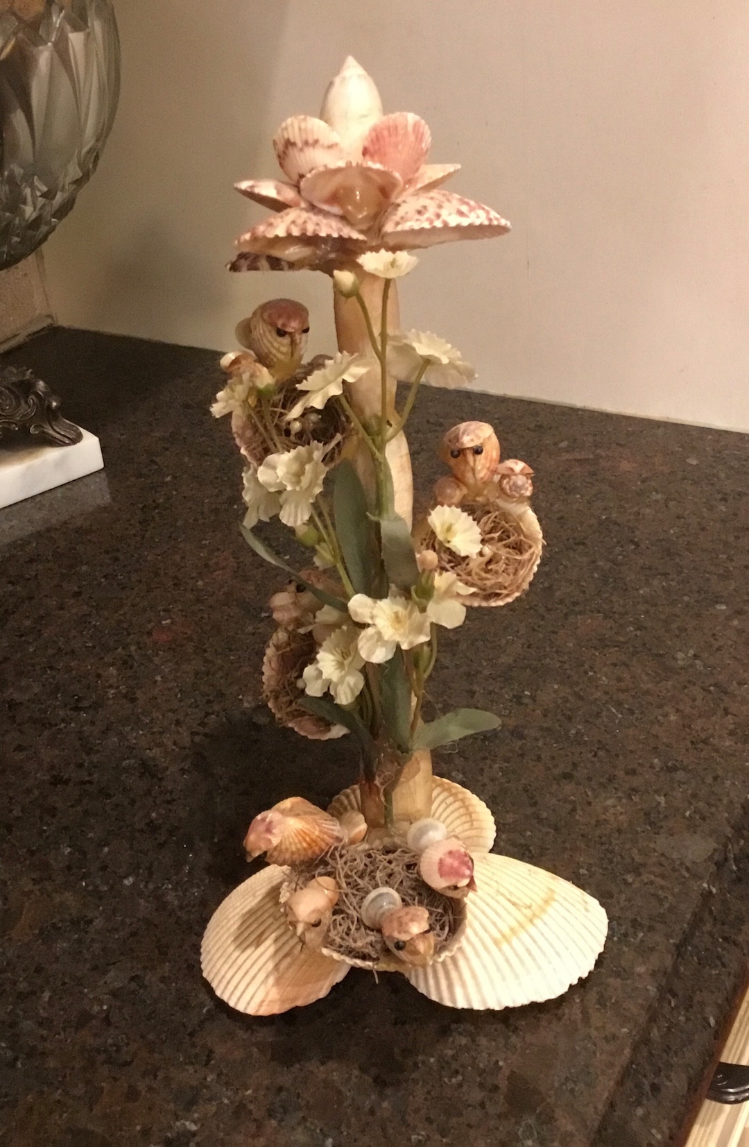 Vintage Folk Art Sea Shell Figurine - Birds Nesting in a Tree ...