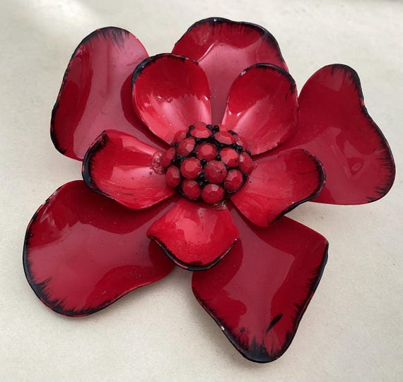 1960’s Cherry Red Poppy Enameled Tin Brooch - Gem