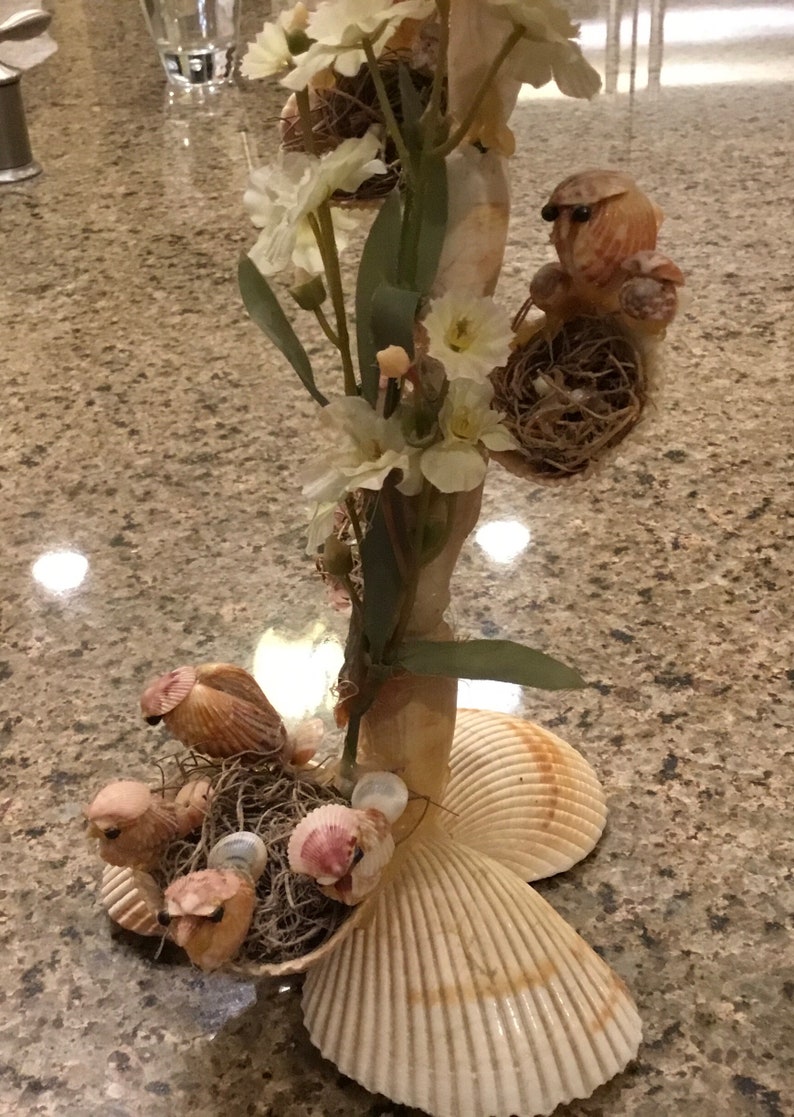 Vintage Folk Art Sea Shell Figurine - Birds Nesting in a Tree ...