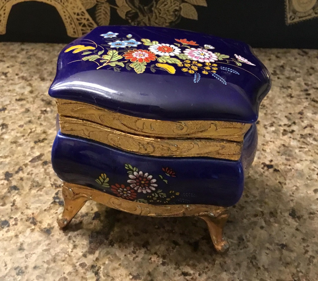 Japanese Porcelain Trinket Jewelry Box - Cobalt Blue With Flowers and ...