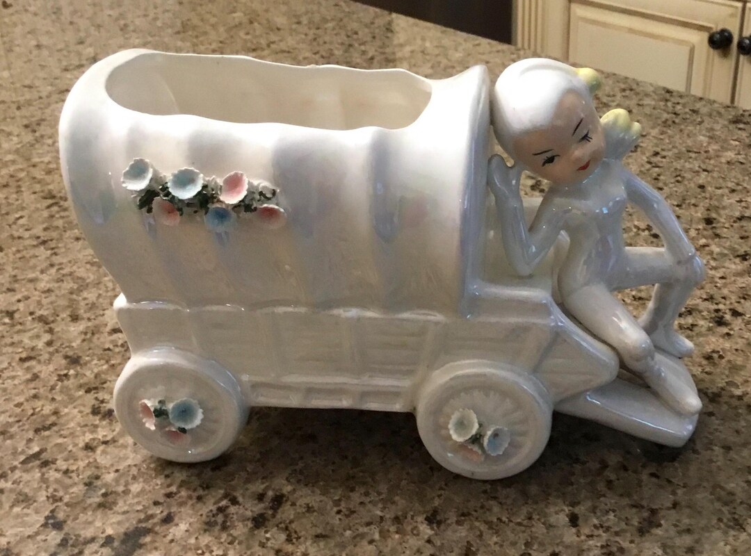 Pixie Elf Planter - Lusterware Fairy Elf on Wagon - Lefton China - 1950 ...