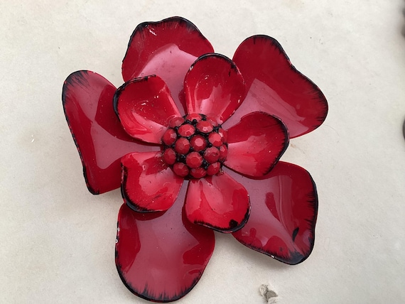 1960’s Cherry Red Poppy Enameled Tin Brooch - Gem