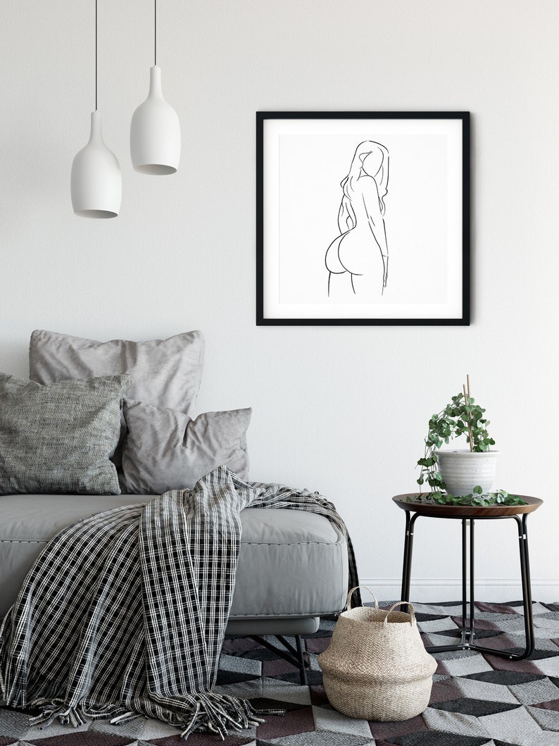 Nude Woman Back And Butt Line Drawing Print Printable Wall Art Female