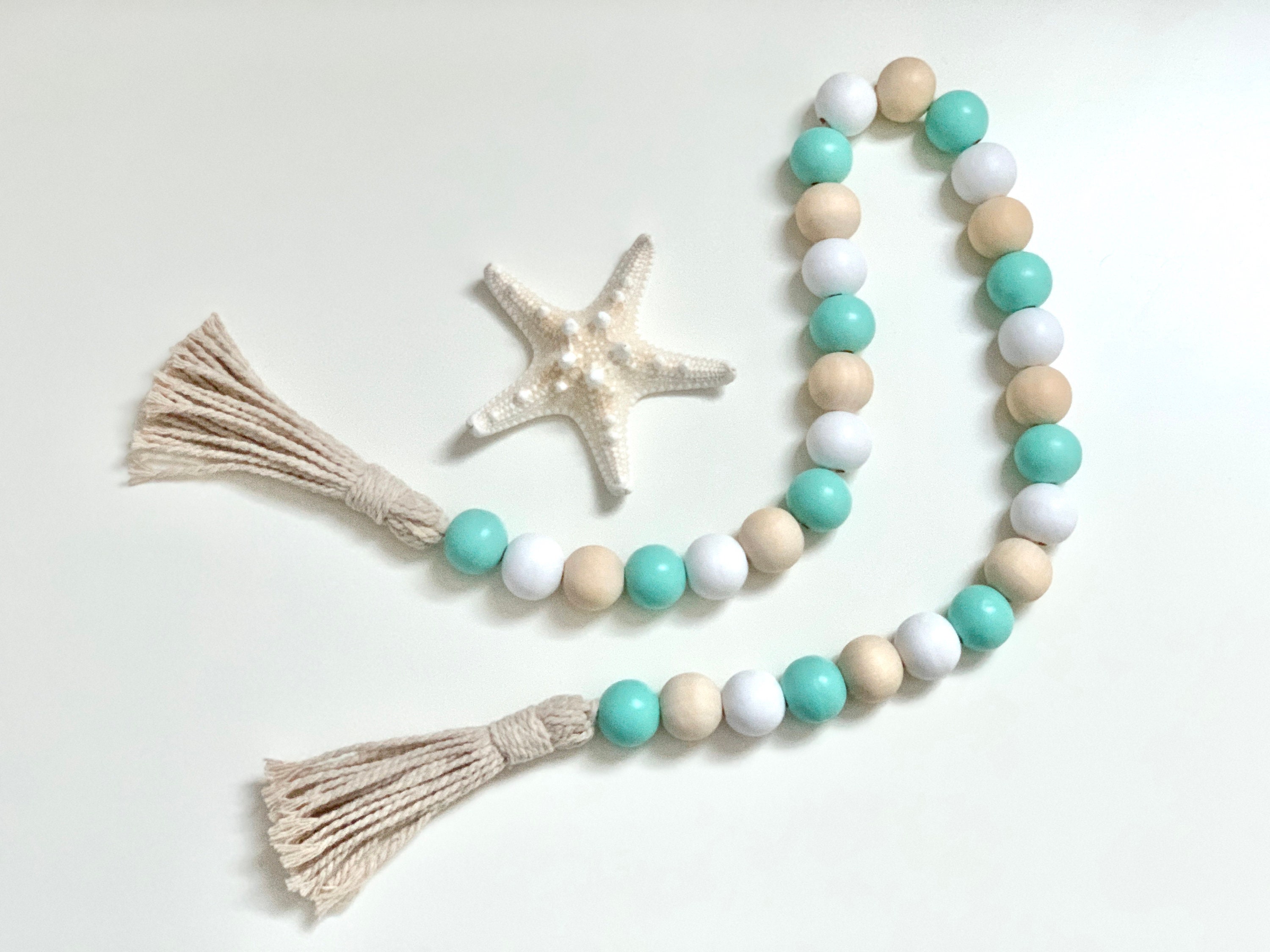 Beach Themed Garland, Nautical Wood Bead Garland With Tassels, Hand ...