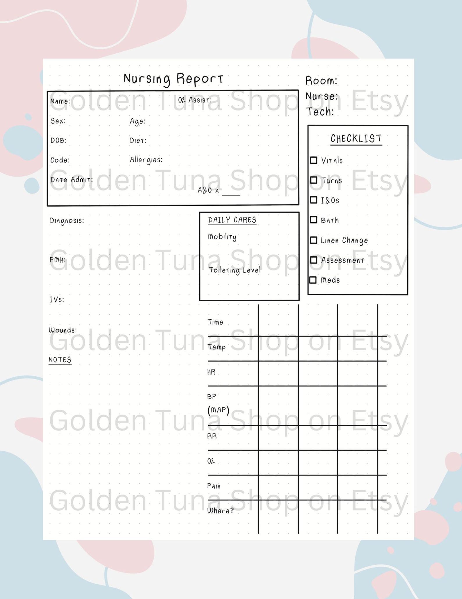 Nursing Student Report Sheet Cute Style - Great Gift for Nursing ...