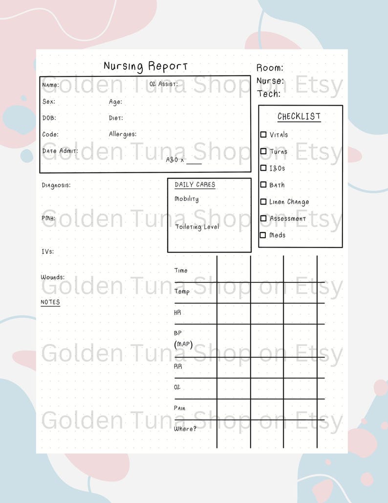 Nursing Student Report Sheet Cute Style - Great Gift for Nursing ...