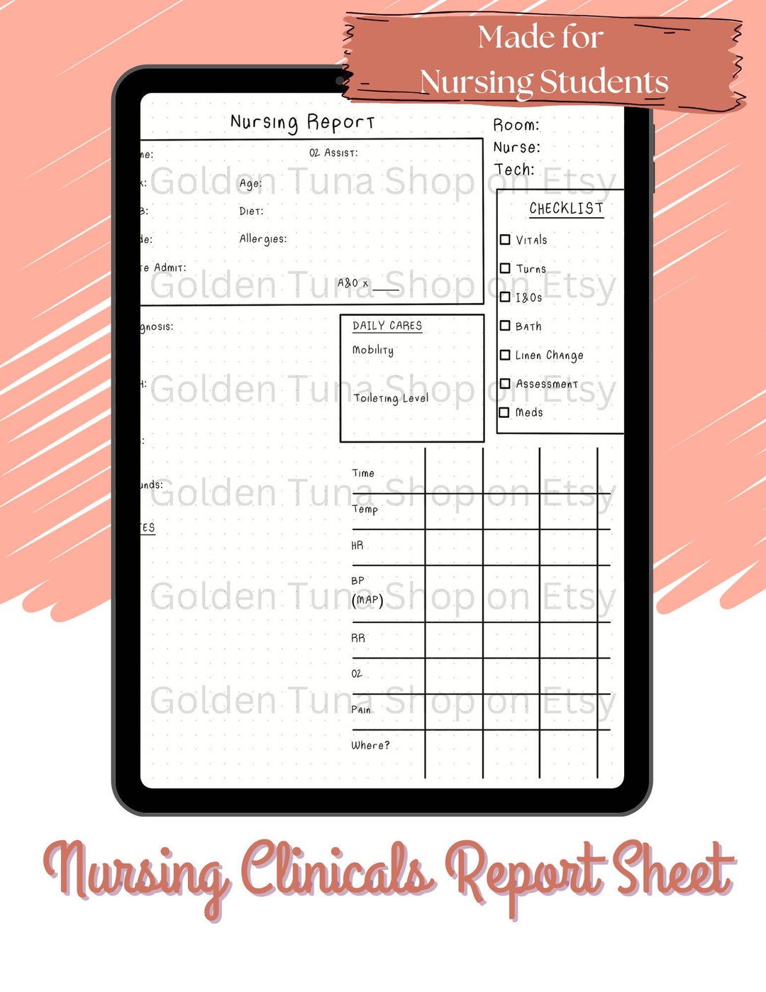 Nursing Student Report Sheet Cute Style - Great Gift for Nursing ...