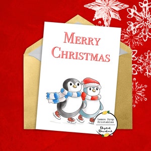 Printable Christmas Card, Cute Penguin Card, Penguin Couple Card ...