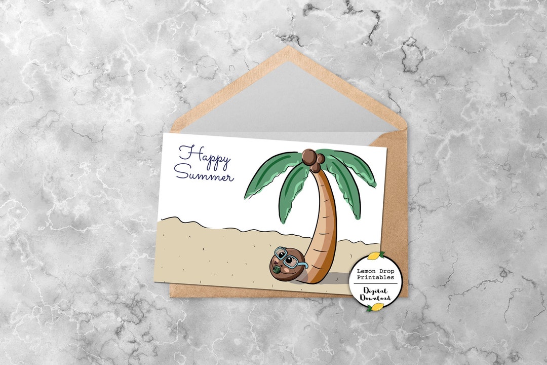 Printable Happy Summer Card, 4x6 PDF Download, Cute Coconut Sipping ...