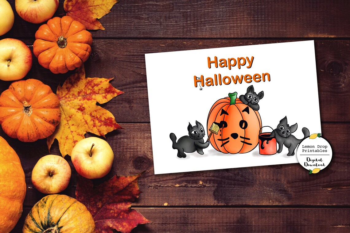 Printable Happy Halloween Card Cute Cat Card Black Cat Card | Etsy
