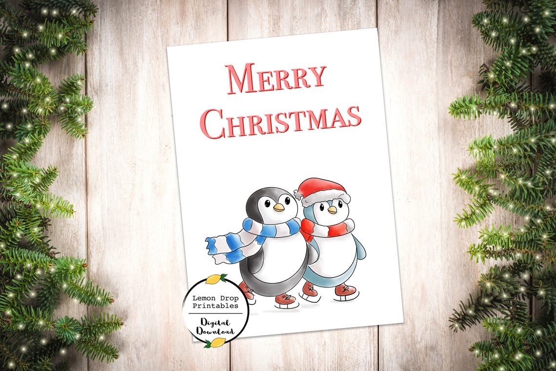 Printable Christmas Card, Cute Penguin Card, Penguin Couple Card ...