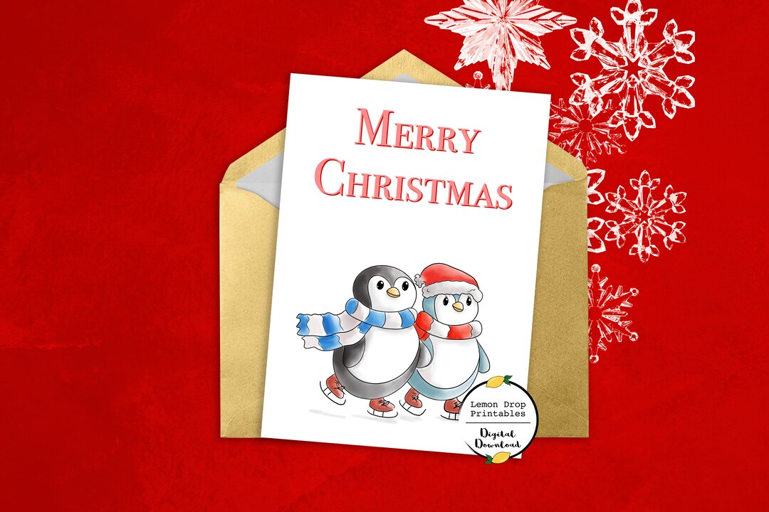 Printable Christmas Card, Cute Penguin Card, Penguin Couple Card ...
