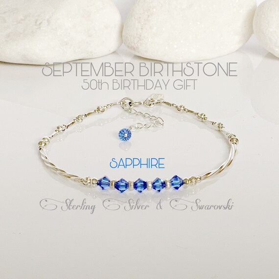 50th Birthday Gift for Women September Birthstone Sapphire Bead Bracelet Sterling Silver Swarovski Custom Mum Sister Best Friend Gifts Etsy
