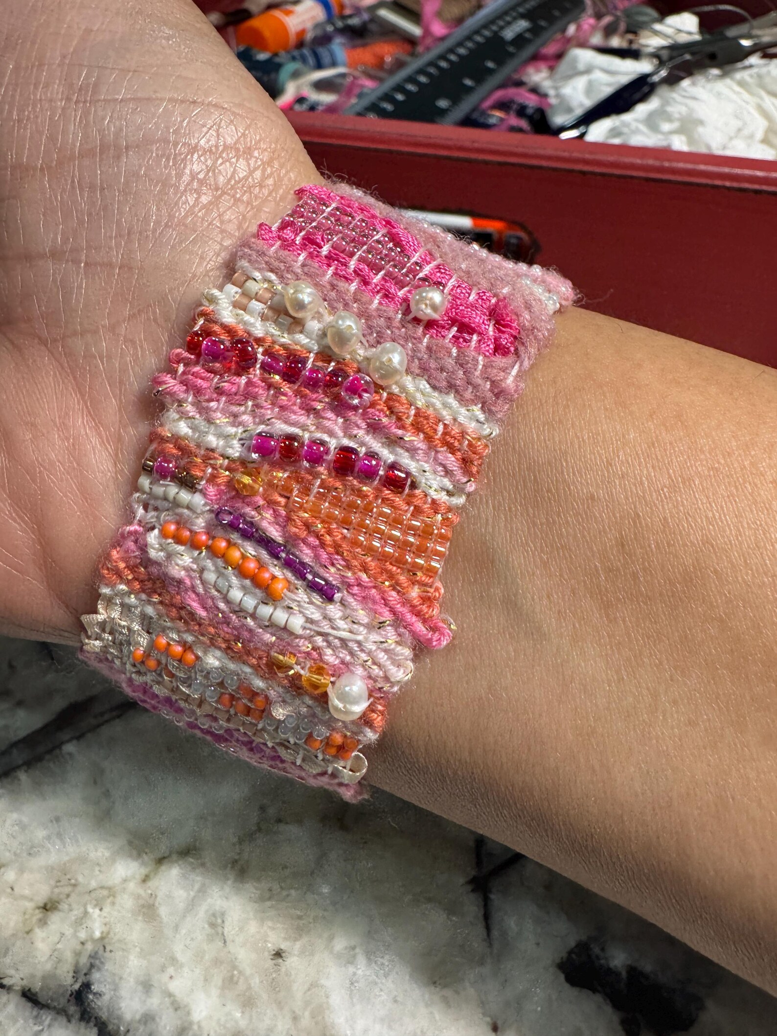 Beaded Fiber Art Bracelet: Pink Woven Textile Jewelry - Etsy