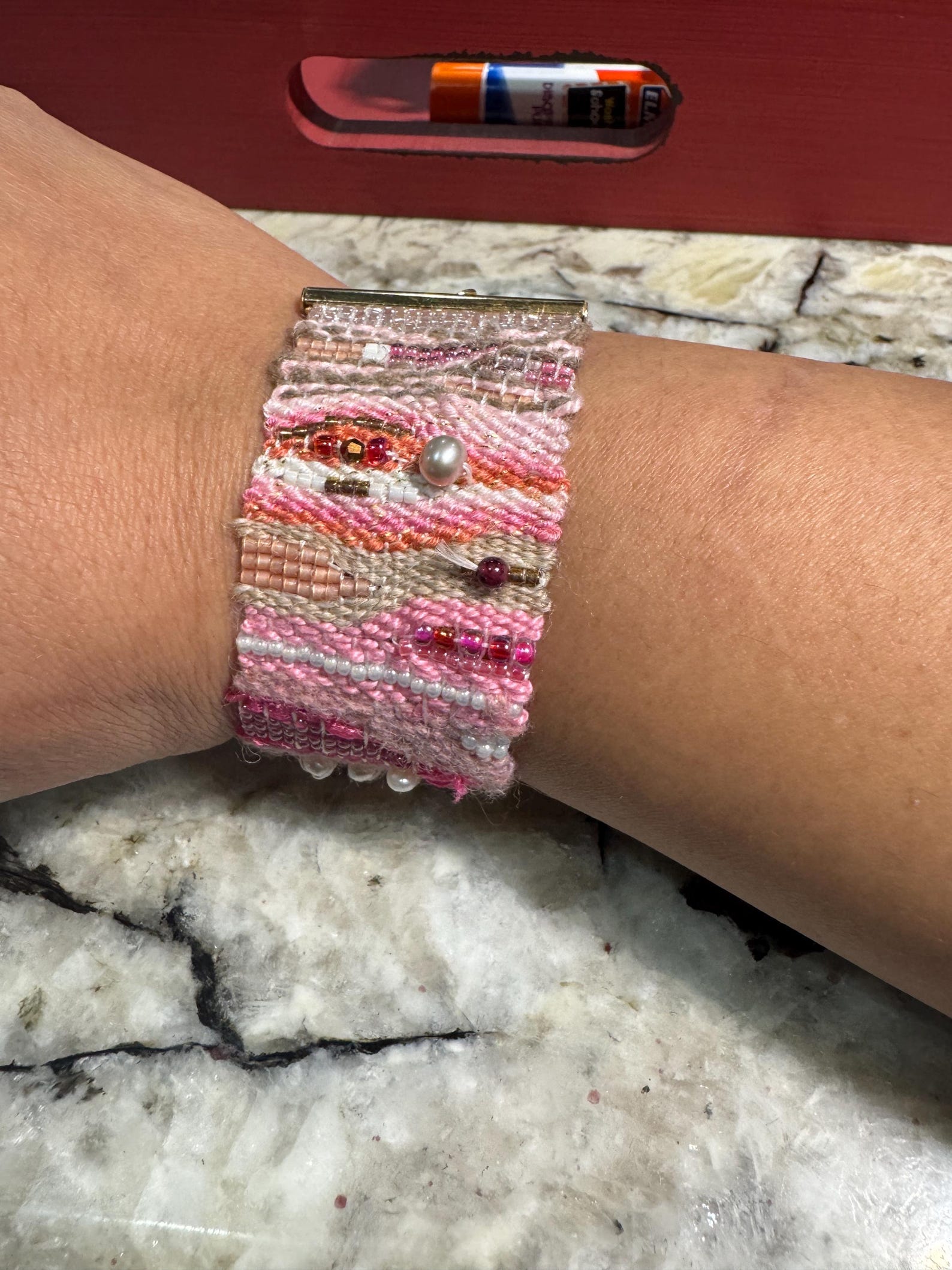 Beaded Fiber Art Bracelet: Pink Woven Textile Jewelry - Etsy