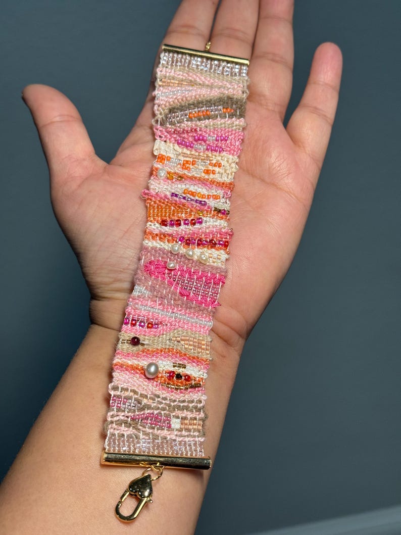Beaded Fiber Art Bracelet: Pink Woven Textile Jewelry - Etsy