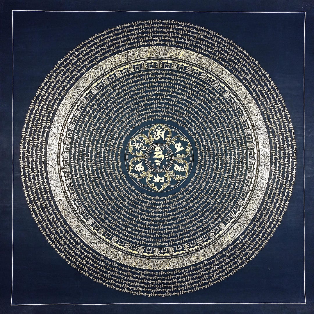 Original Large Hand Painted / Om Mani Padme Hum Mantra Mandala Tibetan ...