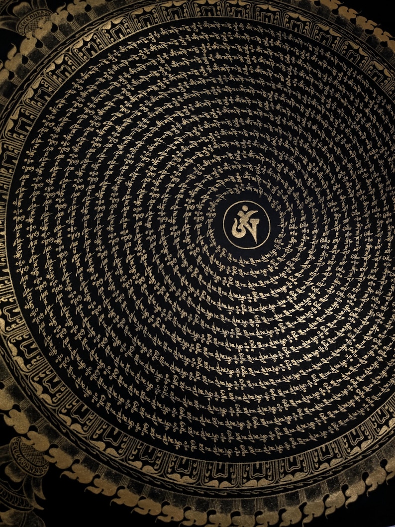 Handmade Om Mantra Mandala Black and Gold Thangka Painting | Tibetan ...