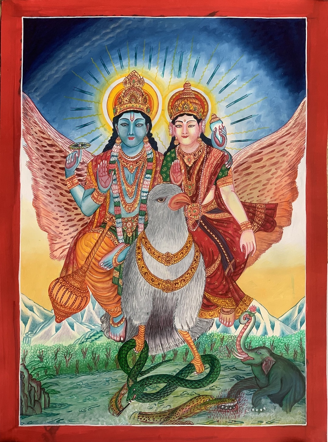 Hand-painted Original Lakshmi Narayana ( Vishnu) Divine Couple Riding ...