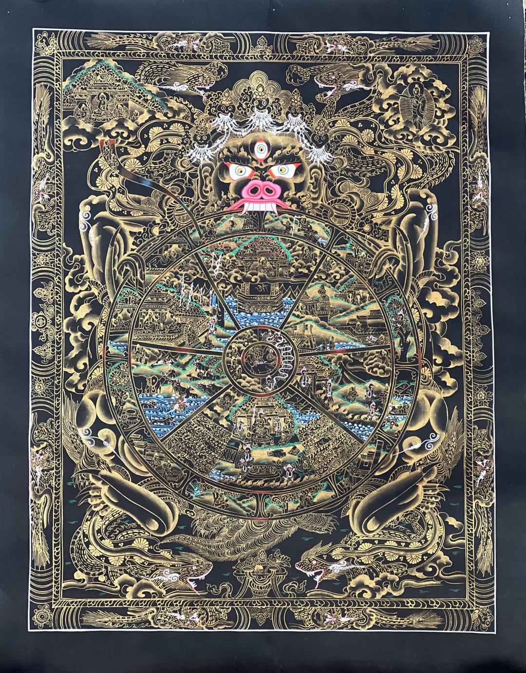 Hand-painted Wheel of Life Thangka, Black and Gold Mandala Art (18x24 ...