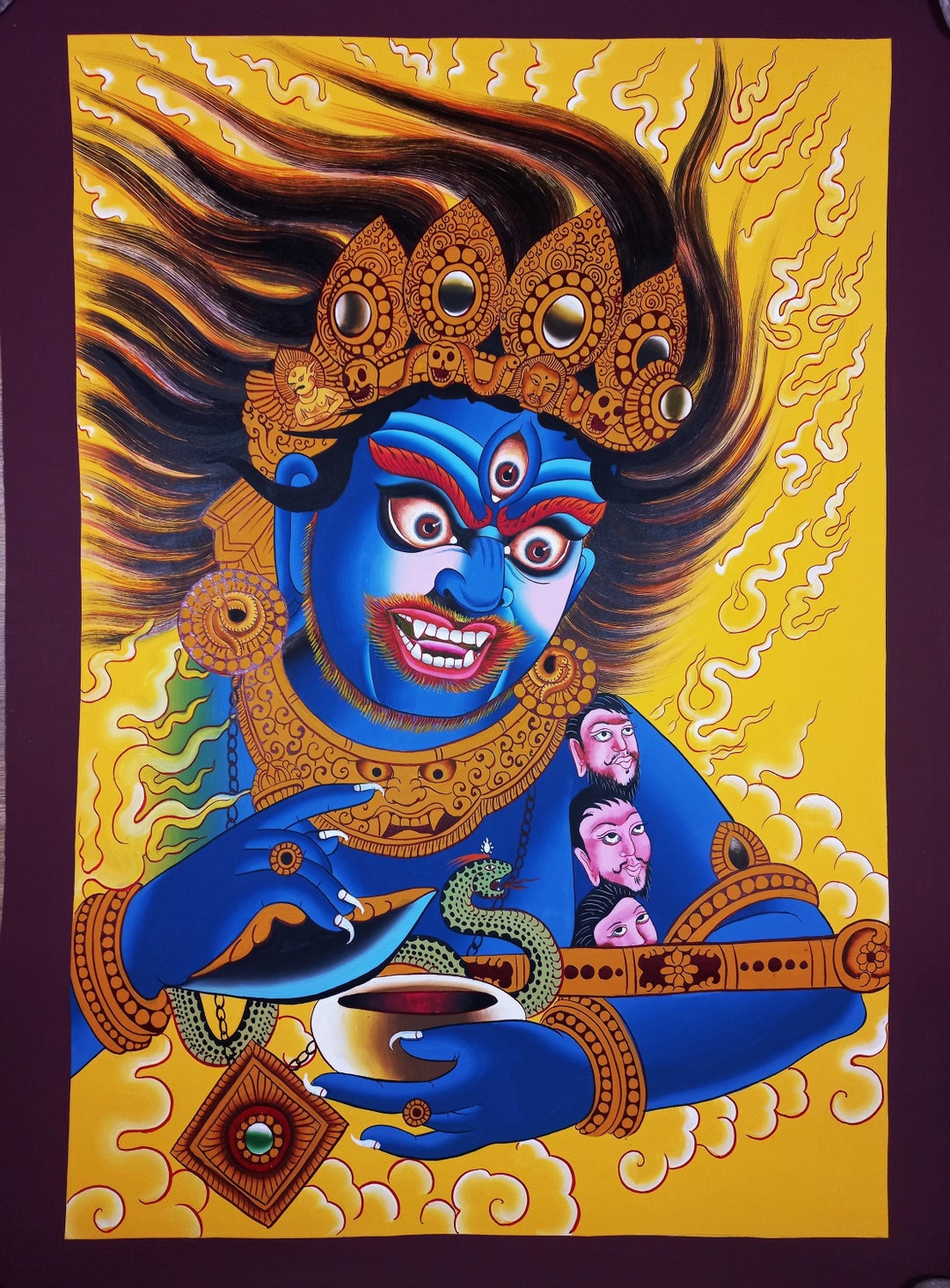 Original Hand Painted Two Armed Mahakala Face Newari Style Tibetan Wall ...