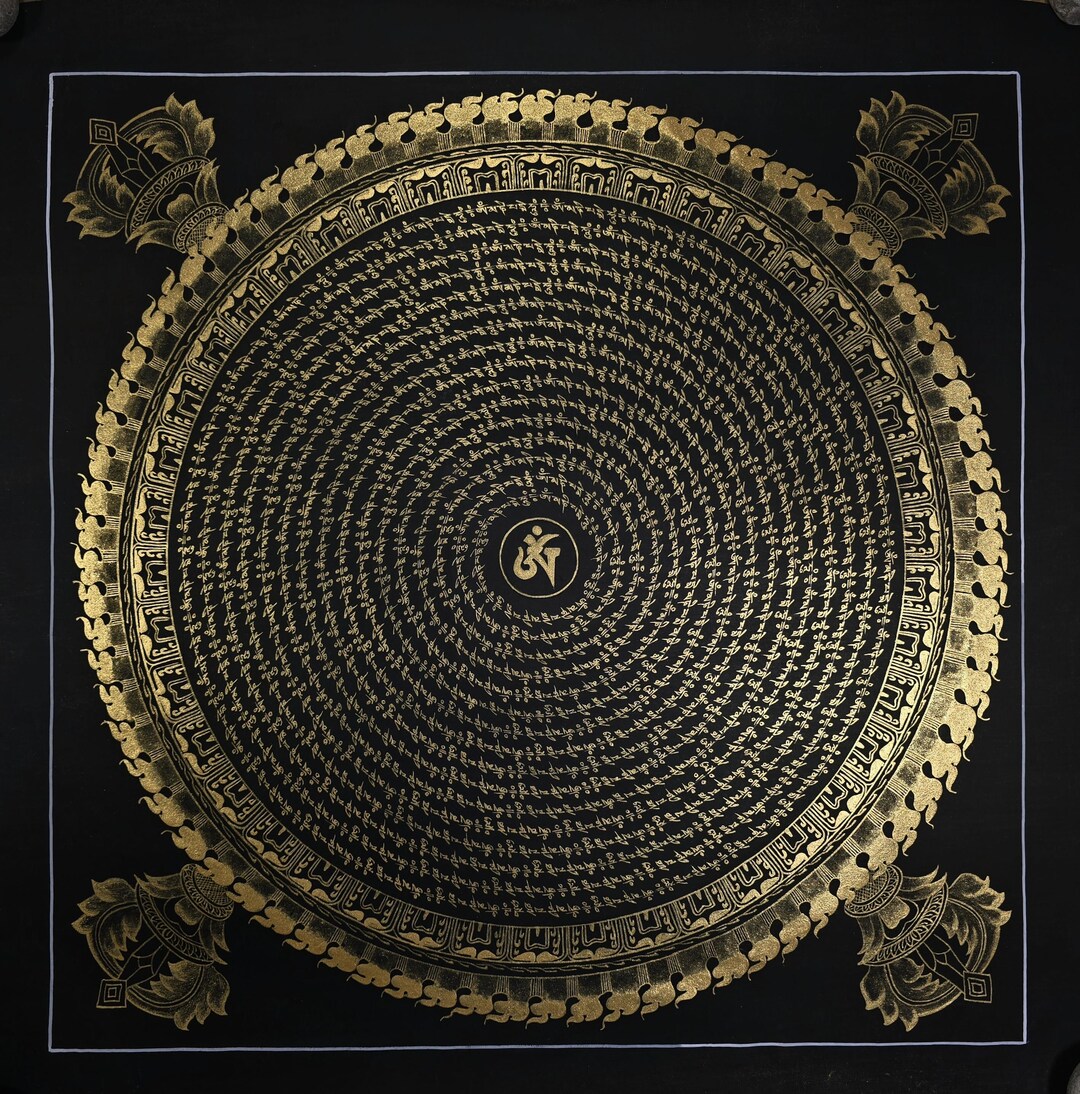 Handmade Om Mantra Mandala Black and Gold Thangka Painting | Tibetan ...