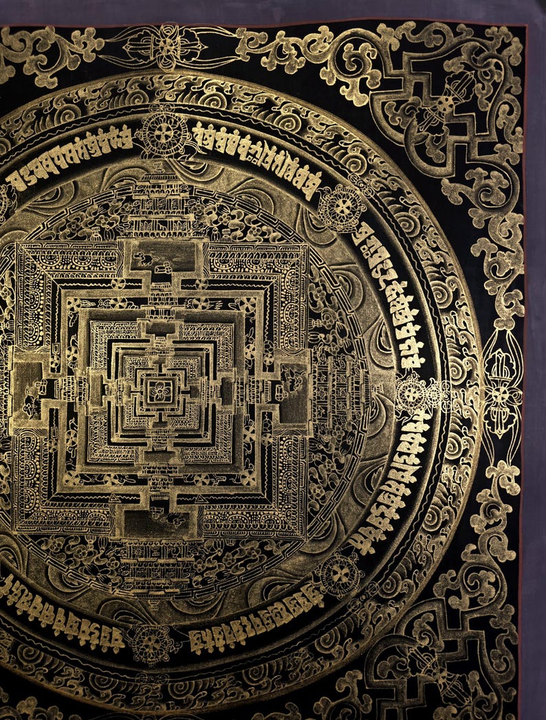 Black and Gold Kalachakra Mandala – Wheel of Time Tibetan Thangka ...