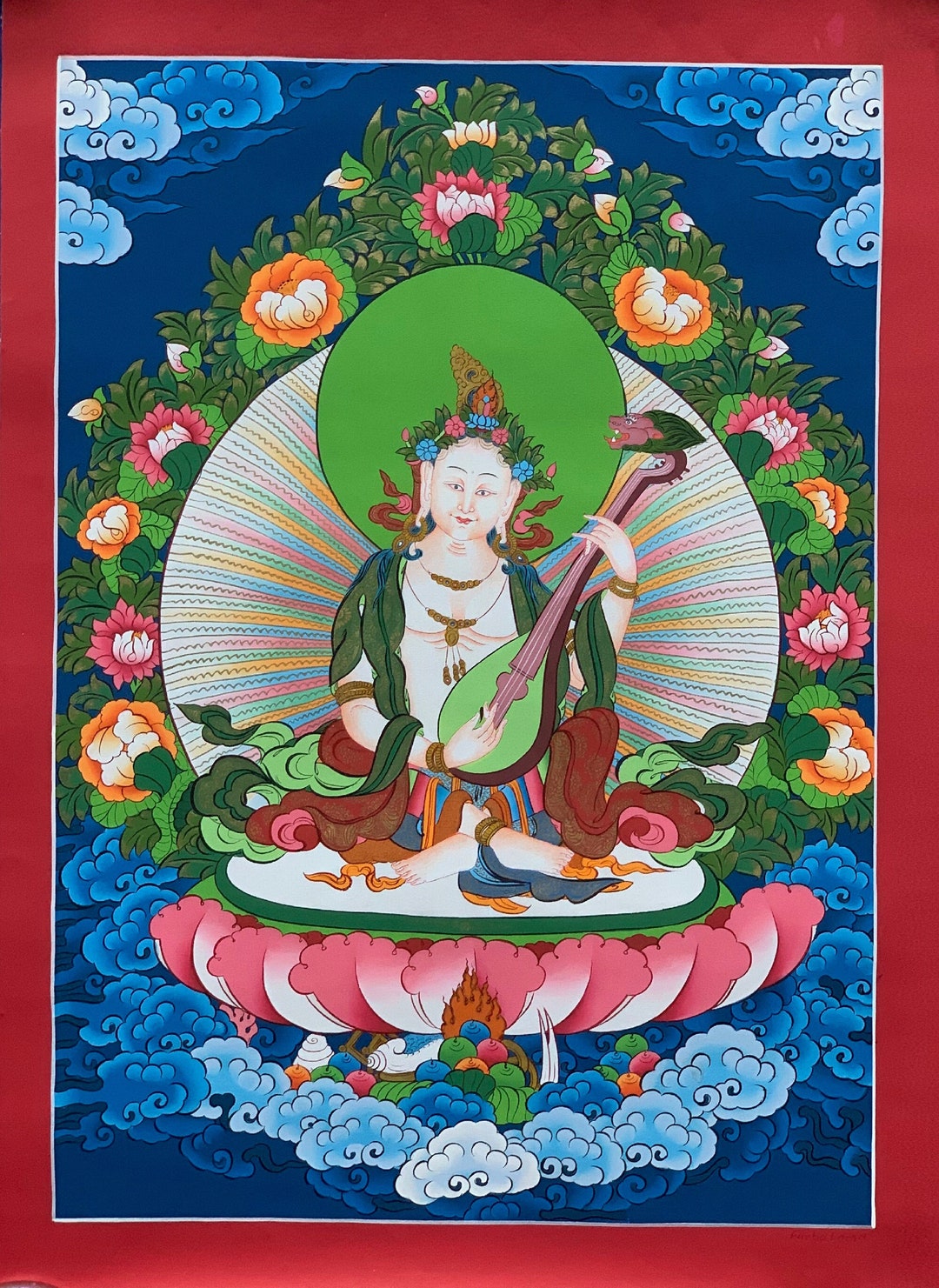 Hand-painted Saraswati, Goddess of Learning and Art, Music, Thangka ...