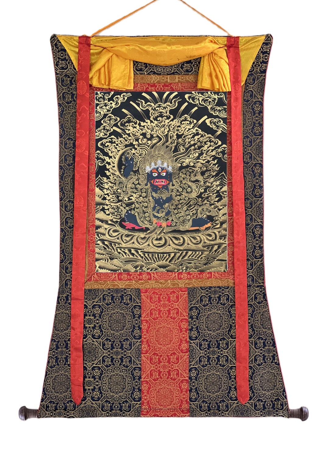 Hand-painted Mahakala Thangka | Black & Gold Tibetan Art | Silk Brocade ...