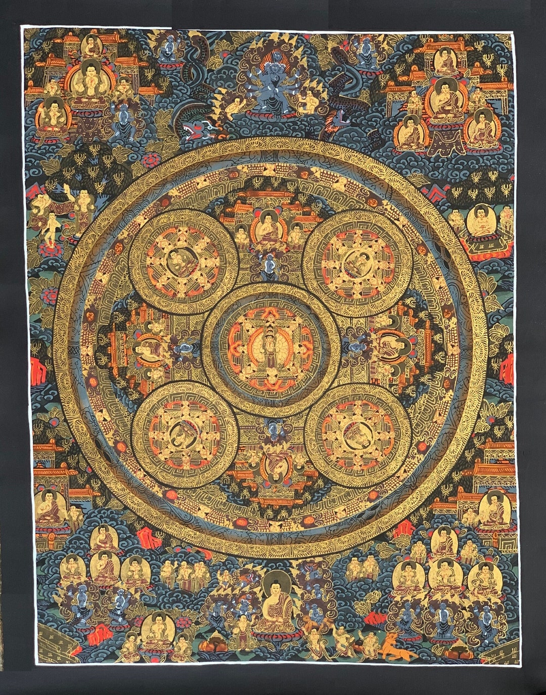 Hand-painted 5 Buddha Pancha Buddha Mandala, AVALOKITESHVARA in Cennter ...