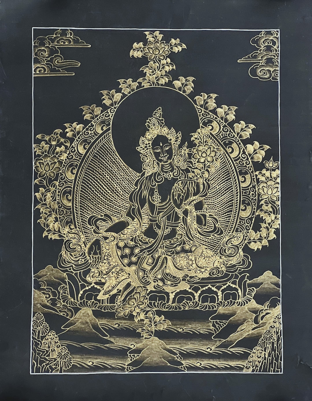 Hand-painted Original Masterpiece Green Tara Black and Gold Tibetan ...
