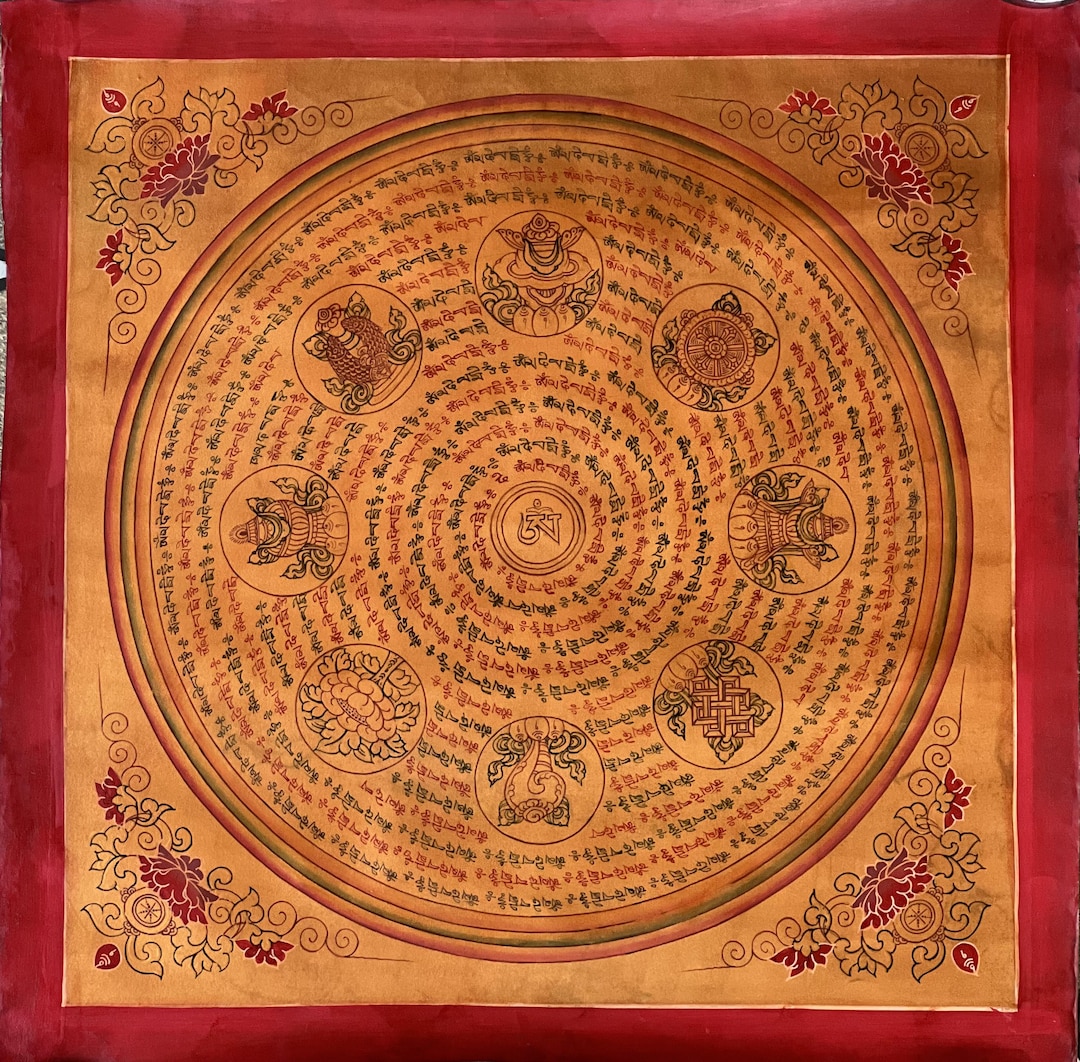 Original Hand-painted Tibetan Mantra Mandala With Eight Auspicious ...