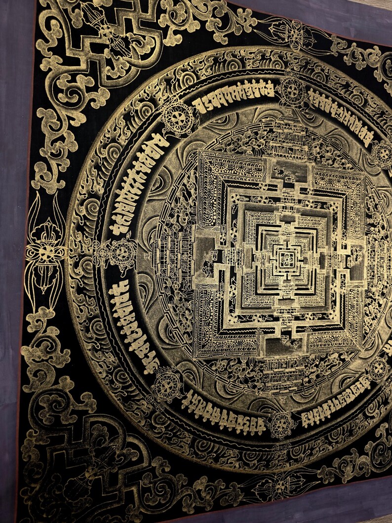 Black and Gold Kalachakra Mandala – Wheel of Time Tibetan Thangka ...