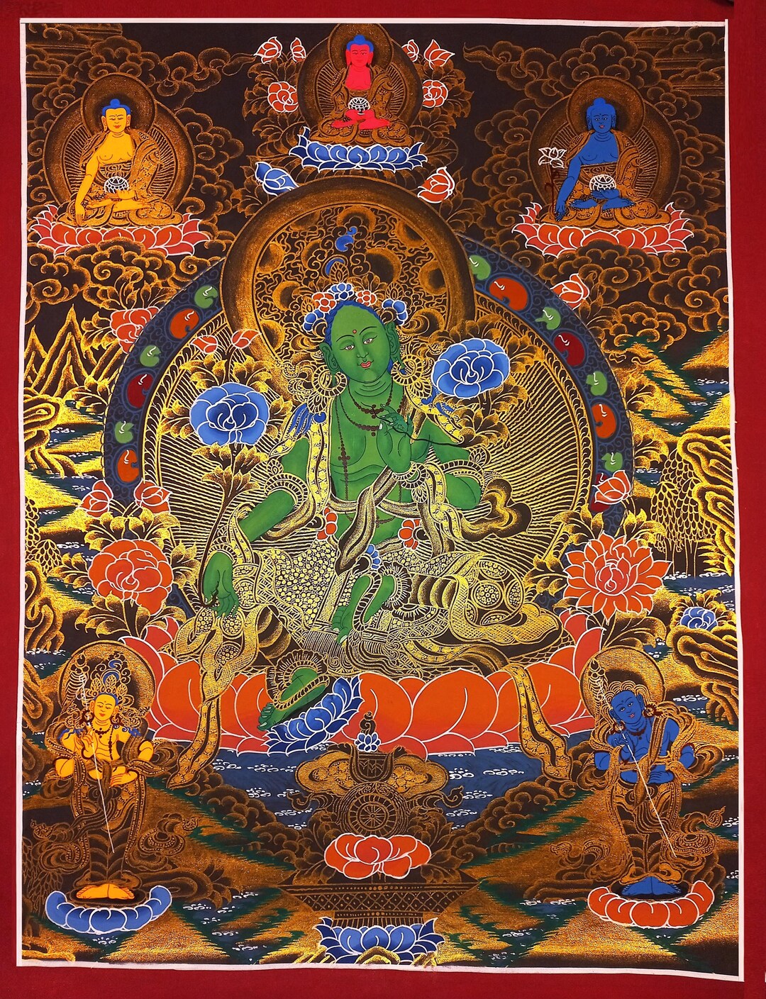 Hand-painted Original Green Tara Masterpiece Thangka Wall Hanging ...