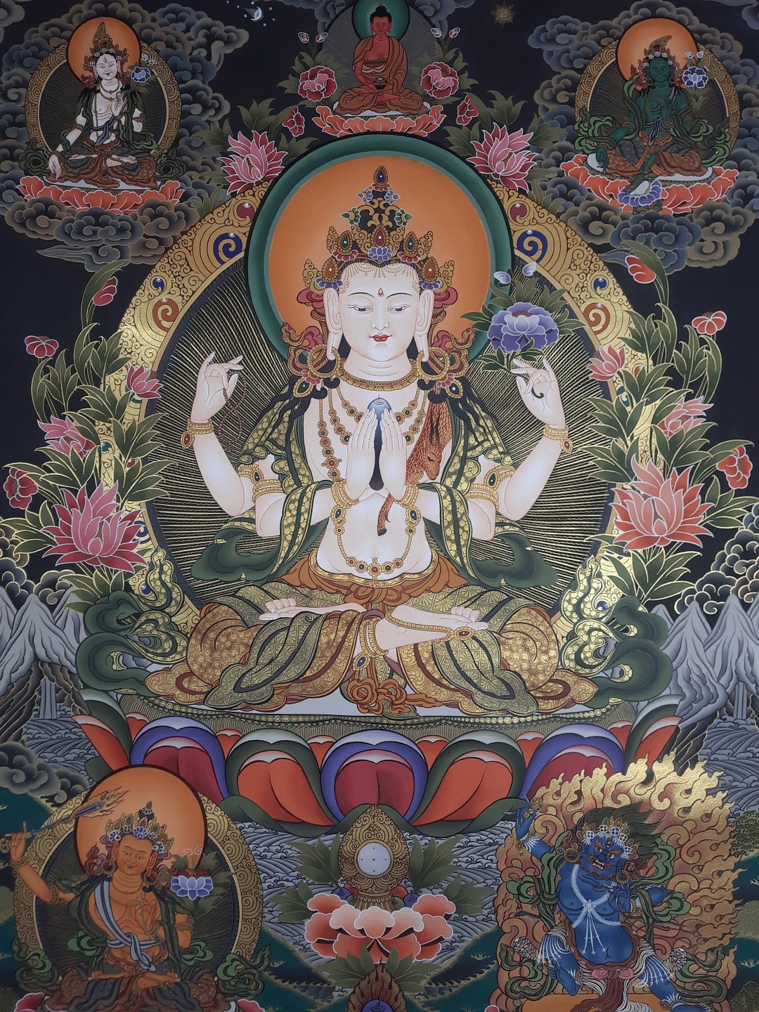 Original Hand Painted Large Chenrezig / Compassion Buddha Masterpiece ...