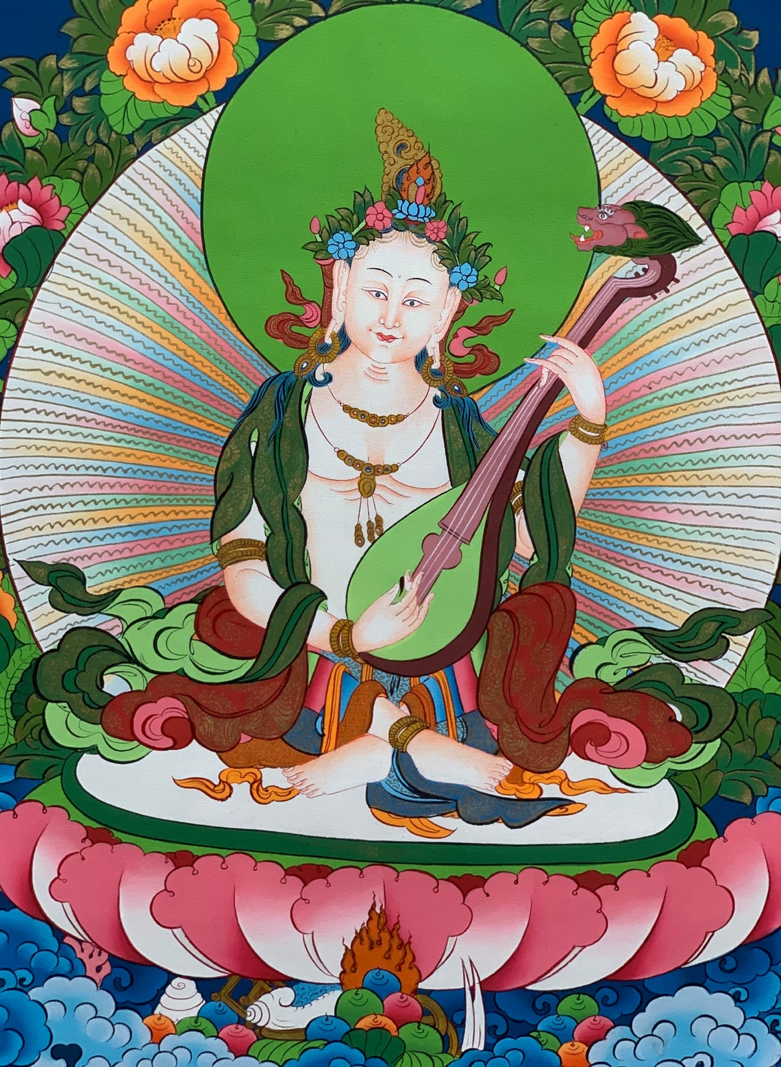 Hand-painted Saraswati, Goddess of Learning and Art, Music, Thangka ...
