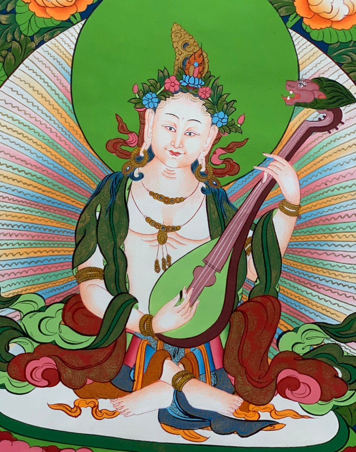 Hand-painted Saraswati, Goddess of Learning and Art, Music, Thangka ...