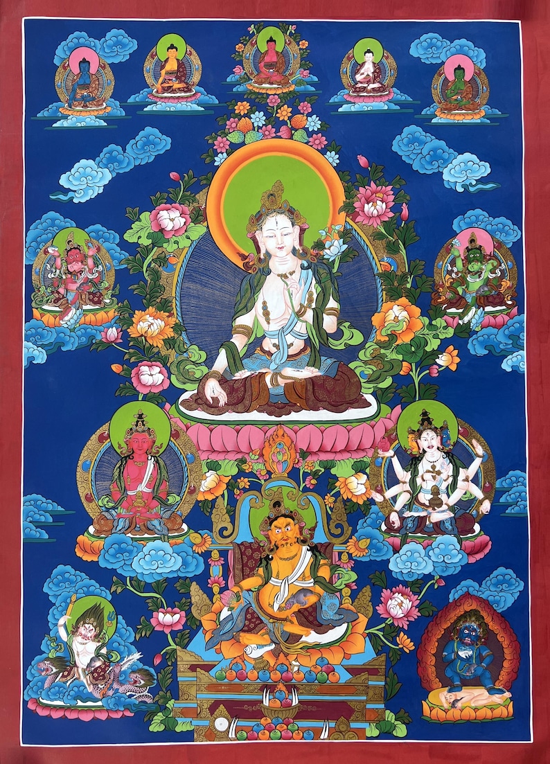 Hand-painted Large White Tara Thangka With Pancha Buddhas and Protector ...