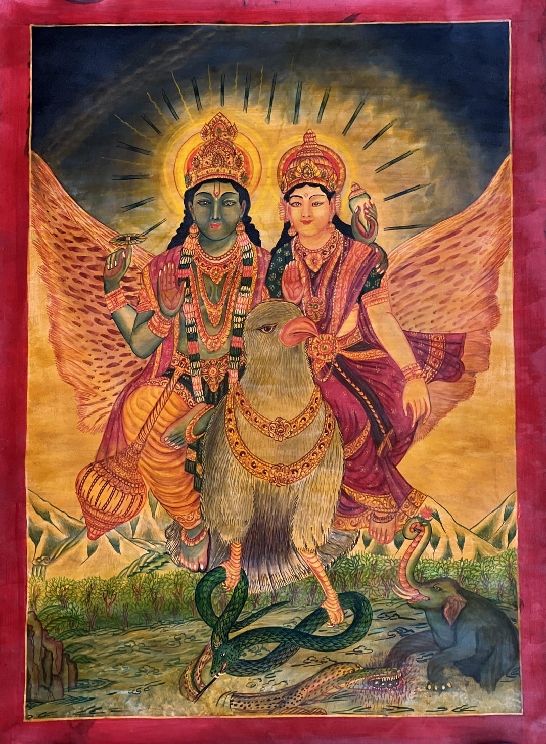 Hand-painted Original Lakshmi Narayana ( Vishnu) Divine Couple Riding ...