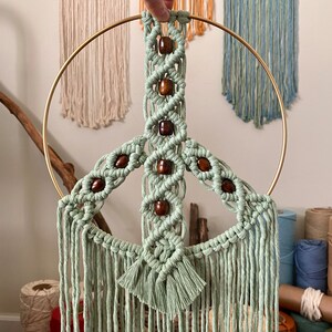 Macramé Peace Sign With Wood Beads - Bohemian Peace Sign Wall Decor ...