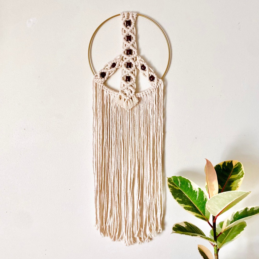 Macramé Peace Sign With Wood Beads - Bohemian Peace Sign Wall Decor ...